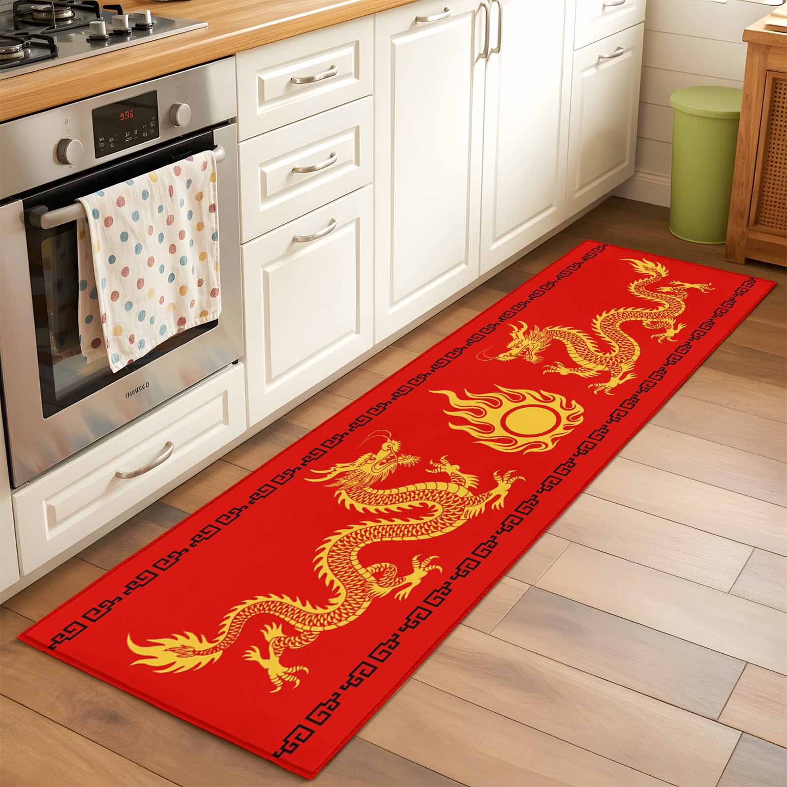 2x6 Kitchen Runner Rug, Red Yellow Dragon Non-Skid Rubber Backing Large ...