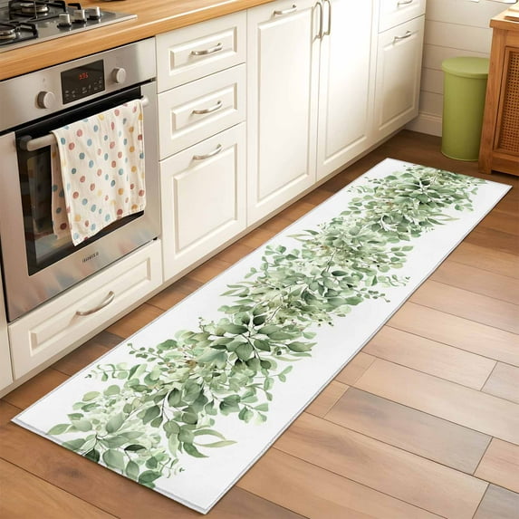 2x6 Kitchen Runner Rug, Sage Green Eucalyptus Leaves Non-Skid Rubber ...