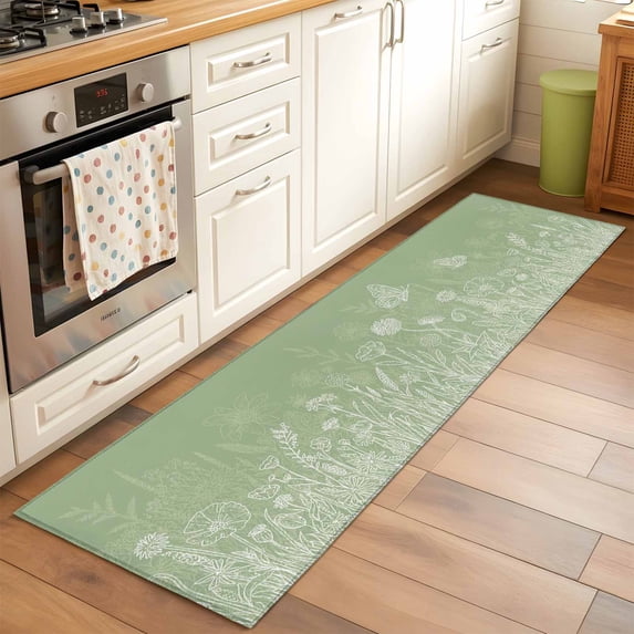 2x6 Kitchen Runner Rug, Sage Green Wildflowers Non-Skid Rubber Backing ...