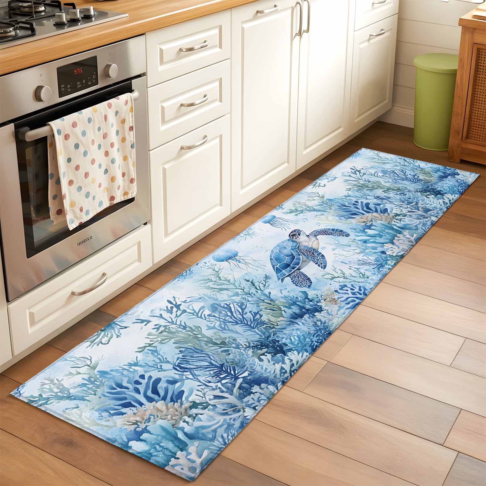 2x6 Kitchen Runner Rug, Sea Turtle Coastal Non-Skid Rubber Backing ...