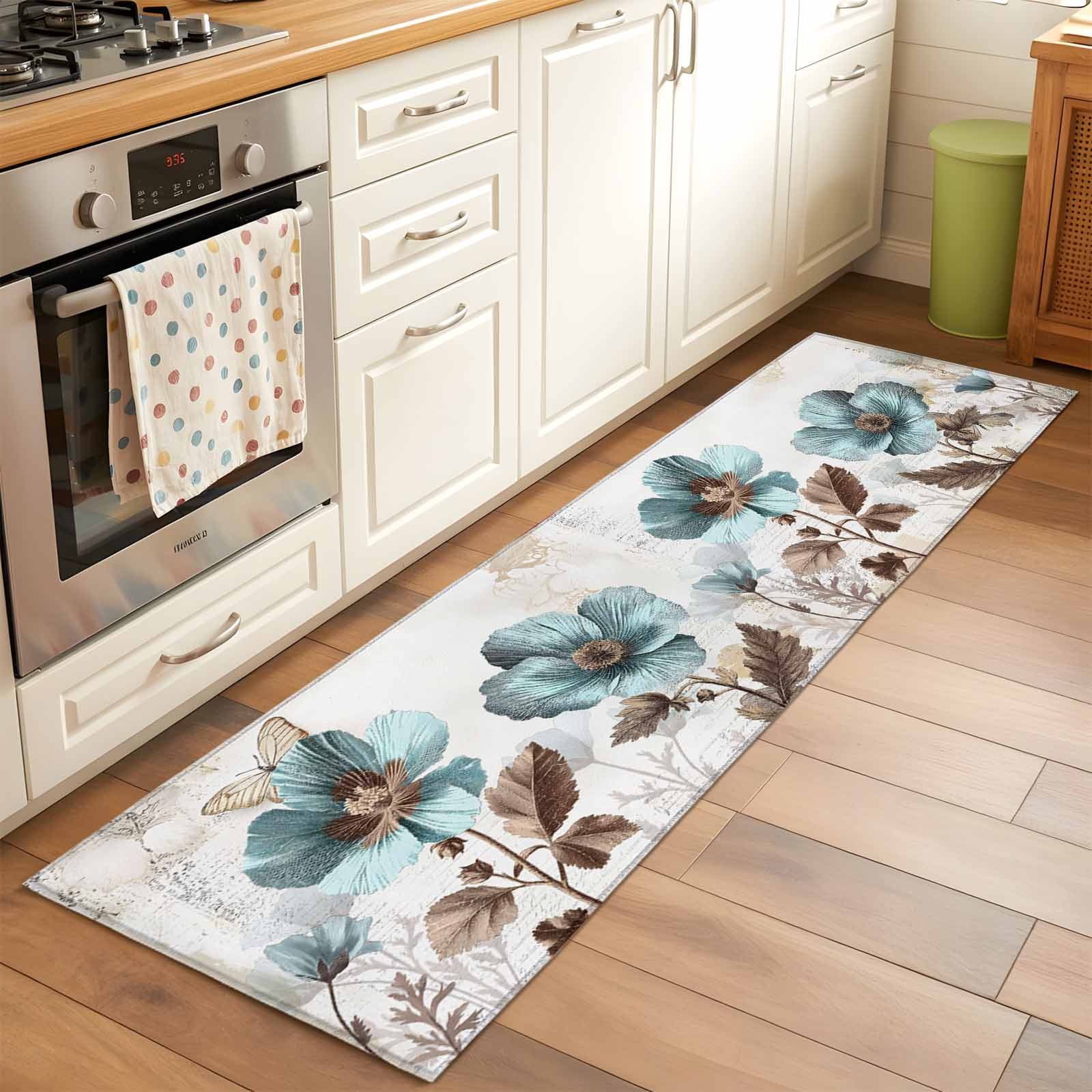 2x6 Kitchen Runner Rug, Vintage Flowers Non-Skid Rubber Backing Large ...