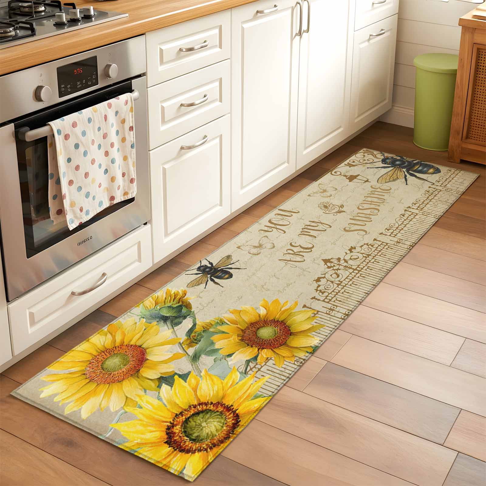 2x6 Kitchen Runner Rug, Vintage Yellow Sunflower Non-Skid Rubber ...