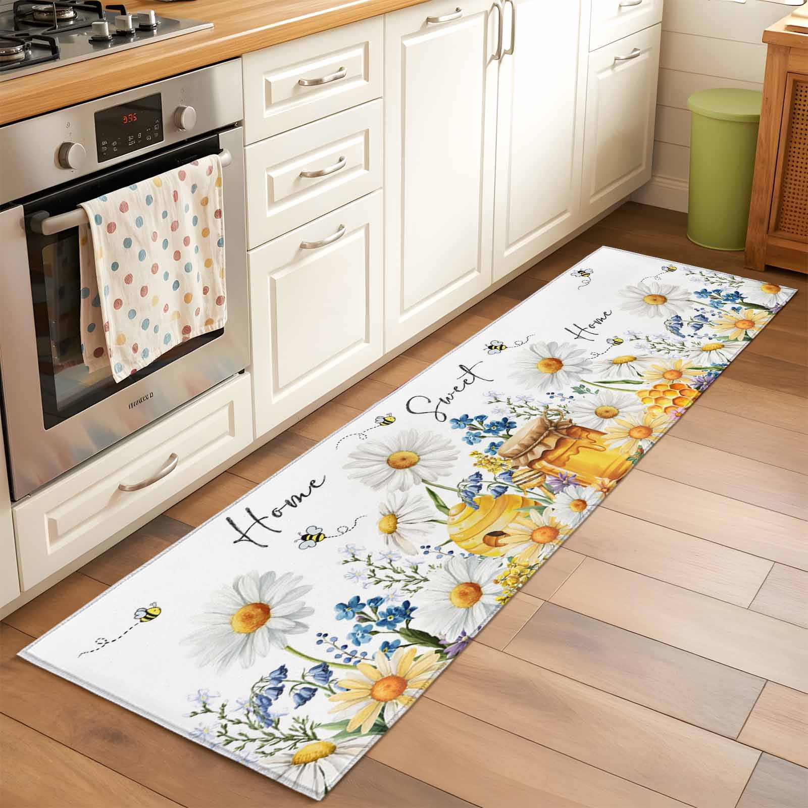 2x6 Kitchen Runner Rug, White Daisy Non-Skid Rubber Backing Hallway ...