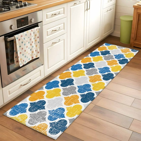 2x6 Kitchen Runner Rug, Yellow Blue Morocco Pattern Non-Skid Rubber ...