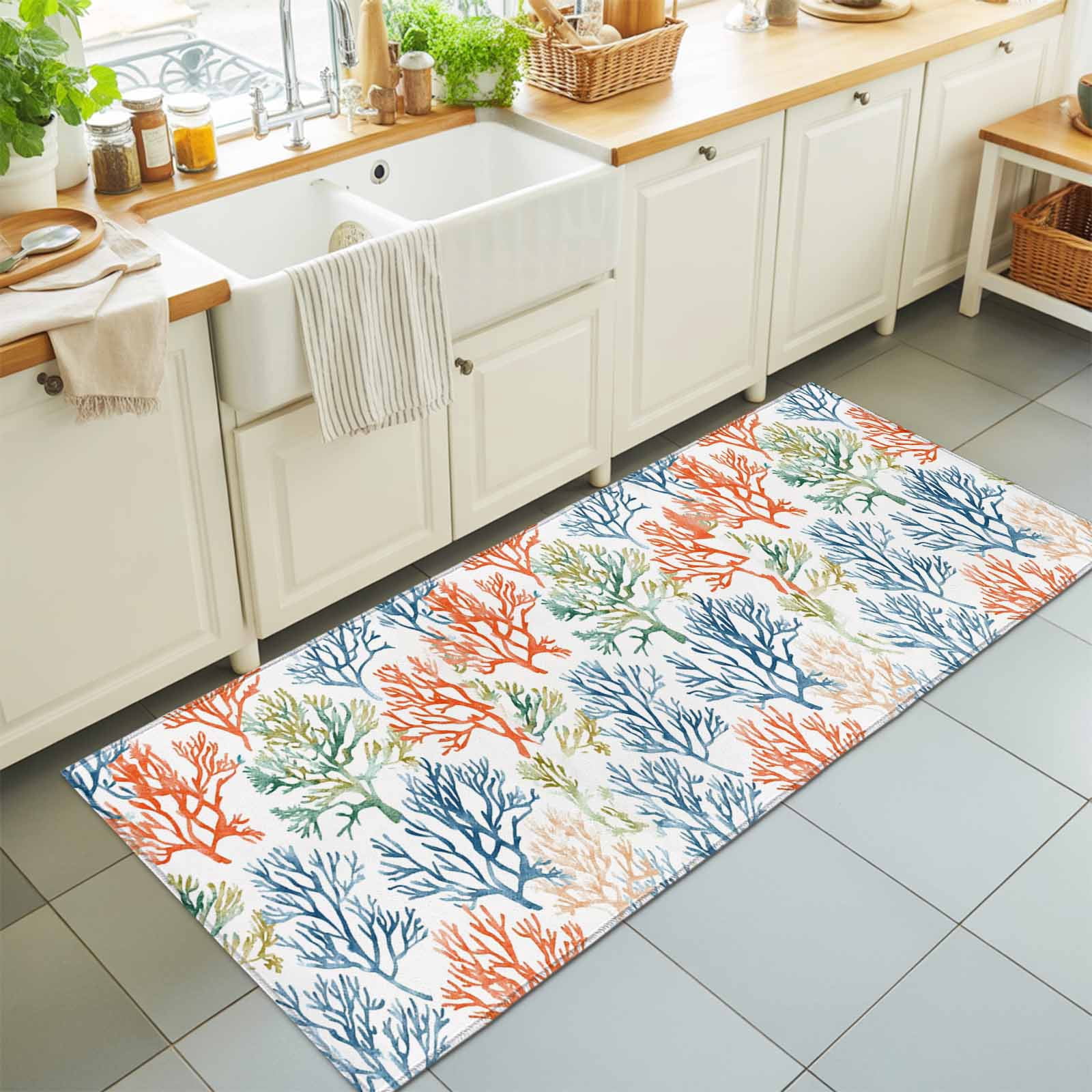 2x6 Red Blue Coral Runner Rug for Hallway, Washable Non Slip Low Pile ...