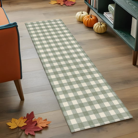 2x6 Washable Area Rugs,Rustic Sage Green Beige Checker Non-Slip Soft ...