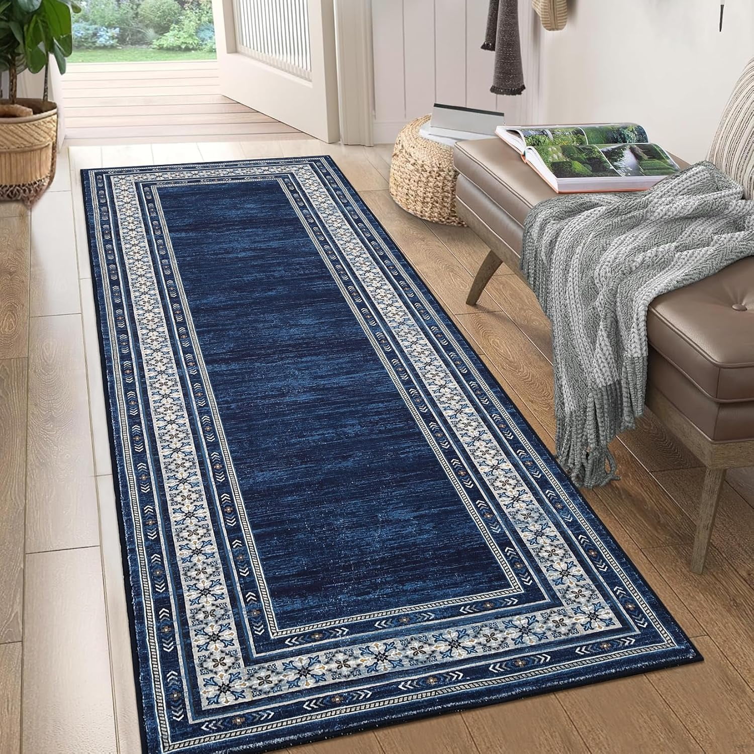 2x6 Washable Runner Rug Modern Geometric Bordered Rug Low Pile Non Slip ...