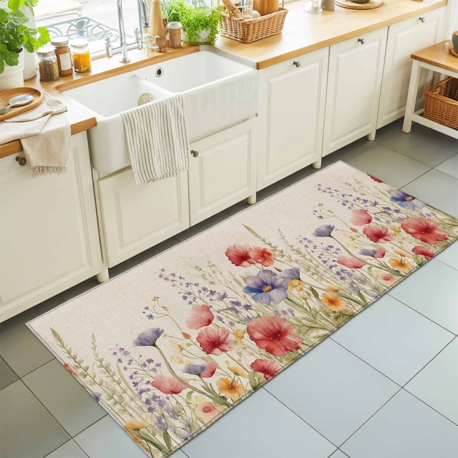 2x6 Watercolor Flowers Runner Rug for Hallway, Washable Non Slip Low ...
