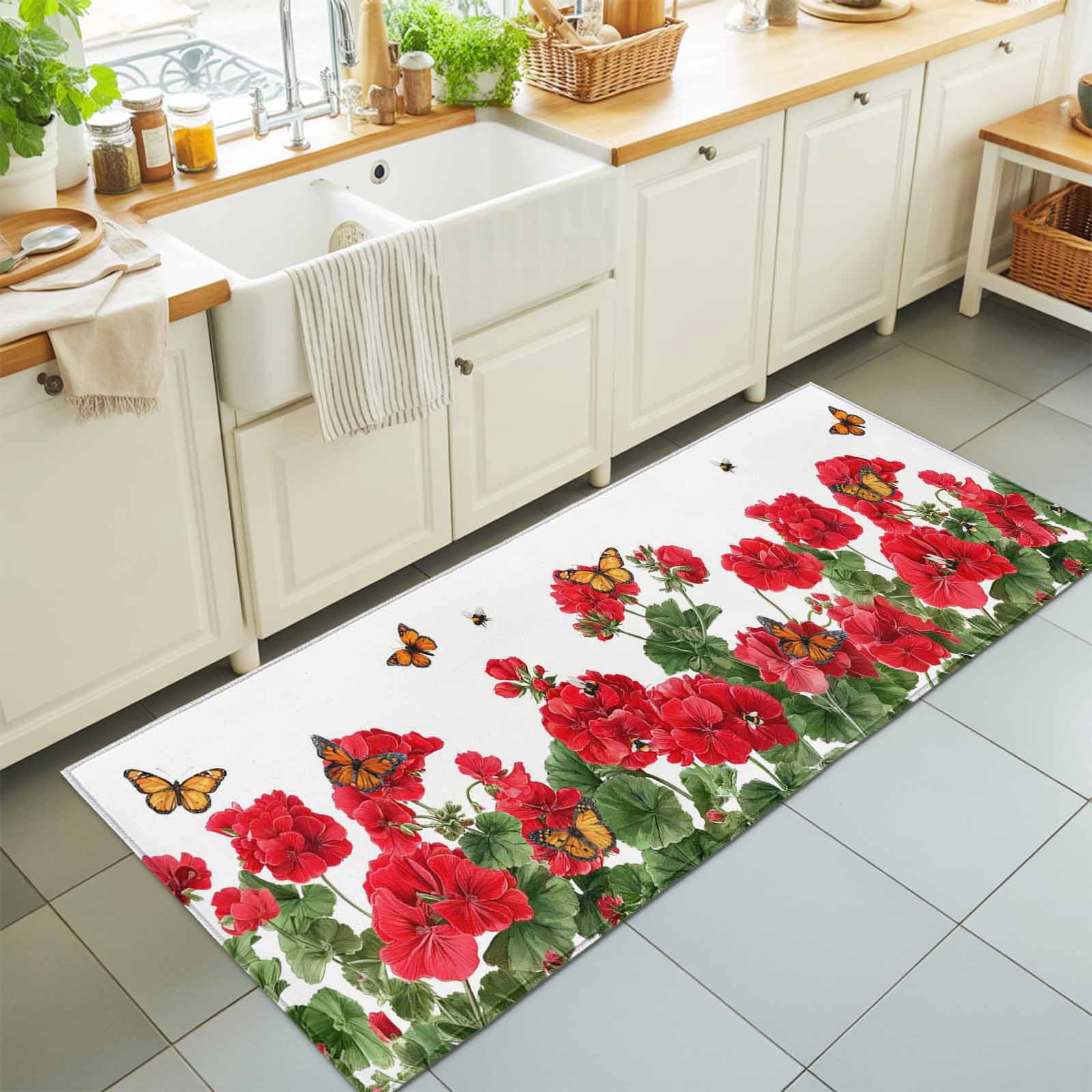 2x6 Watercolor Red Geranium Runner Rug for Hallway, Washable Non Slip ...