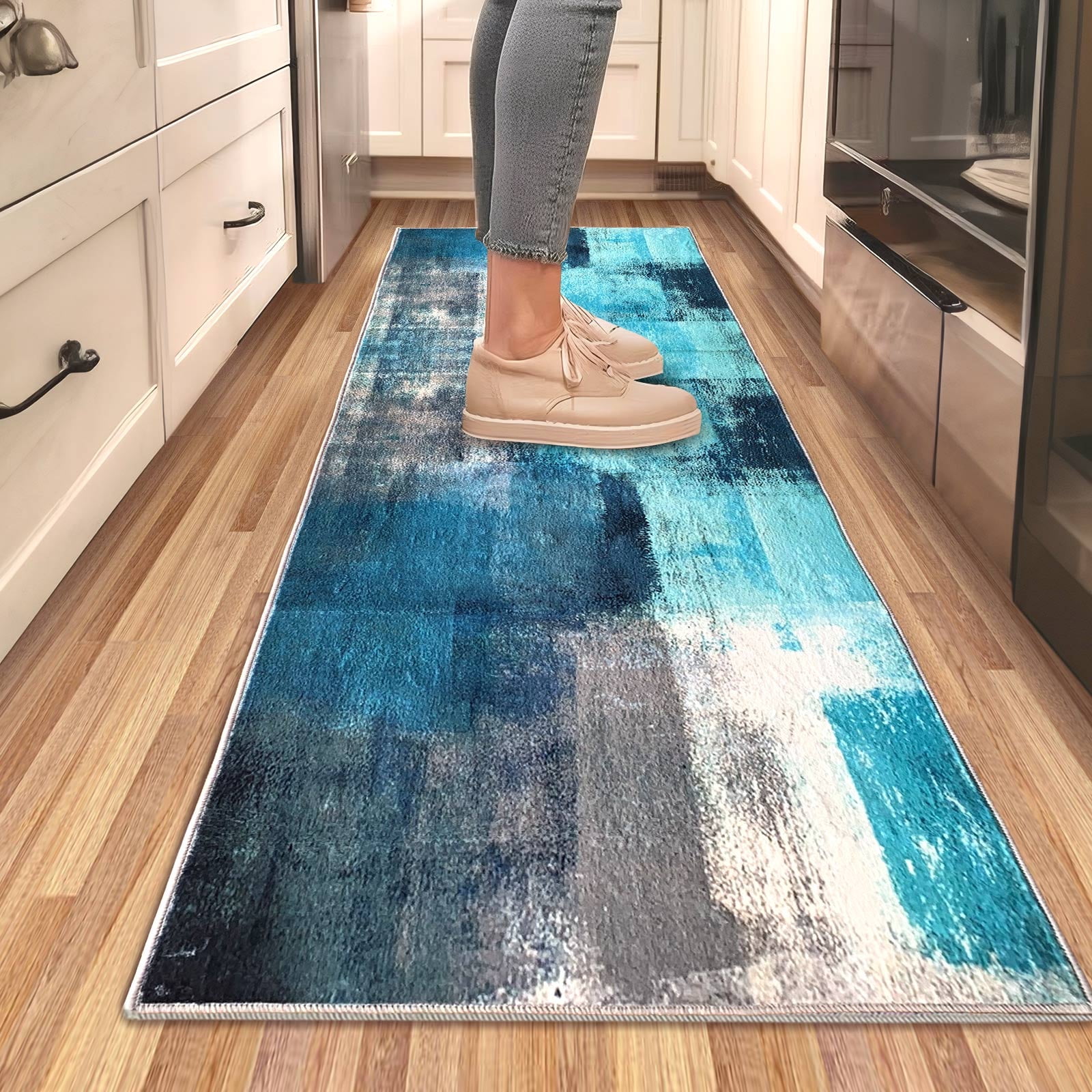 2x6 ft Modern Abstract Runner Rug Washable Blue Runners for Hallways ...