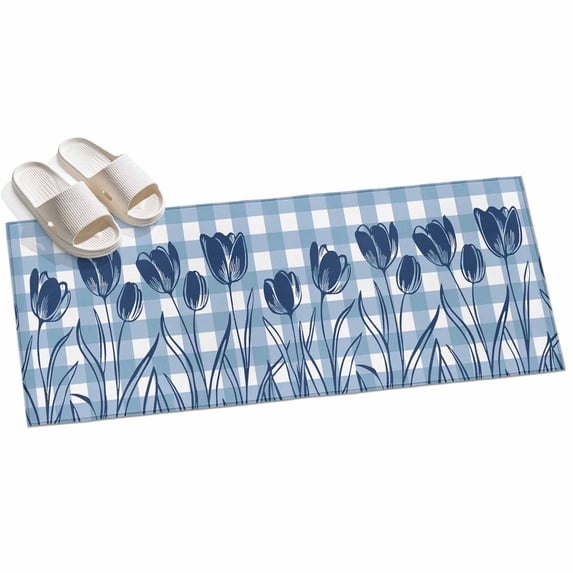 2x6ft Area Rug,Spring Silhouette Tulip on Blue Plaid Washable Large ...