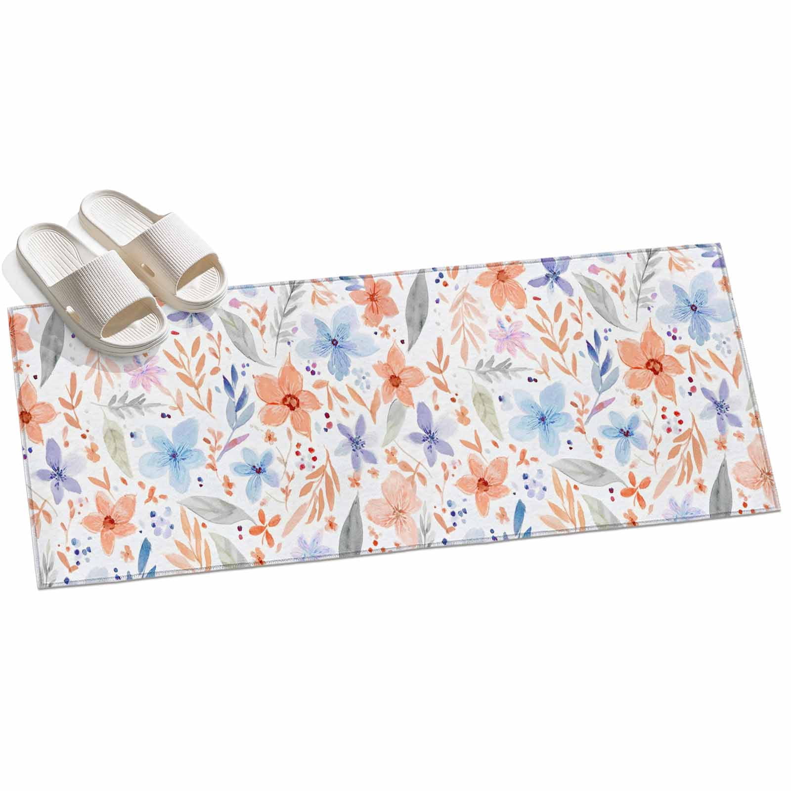 2x6ft Area Rug,Watercolor Orange Blue Flower Leaves Washable Large Rugs ...