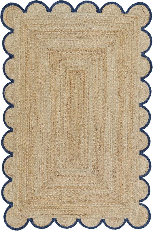 2x8 Ft Navy Blue Border Premium Scalloped Jute Rug – Handcrafted ...
