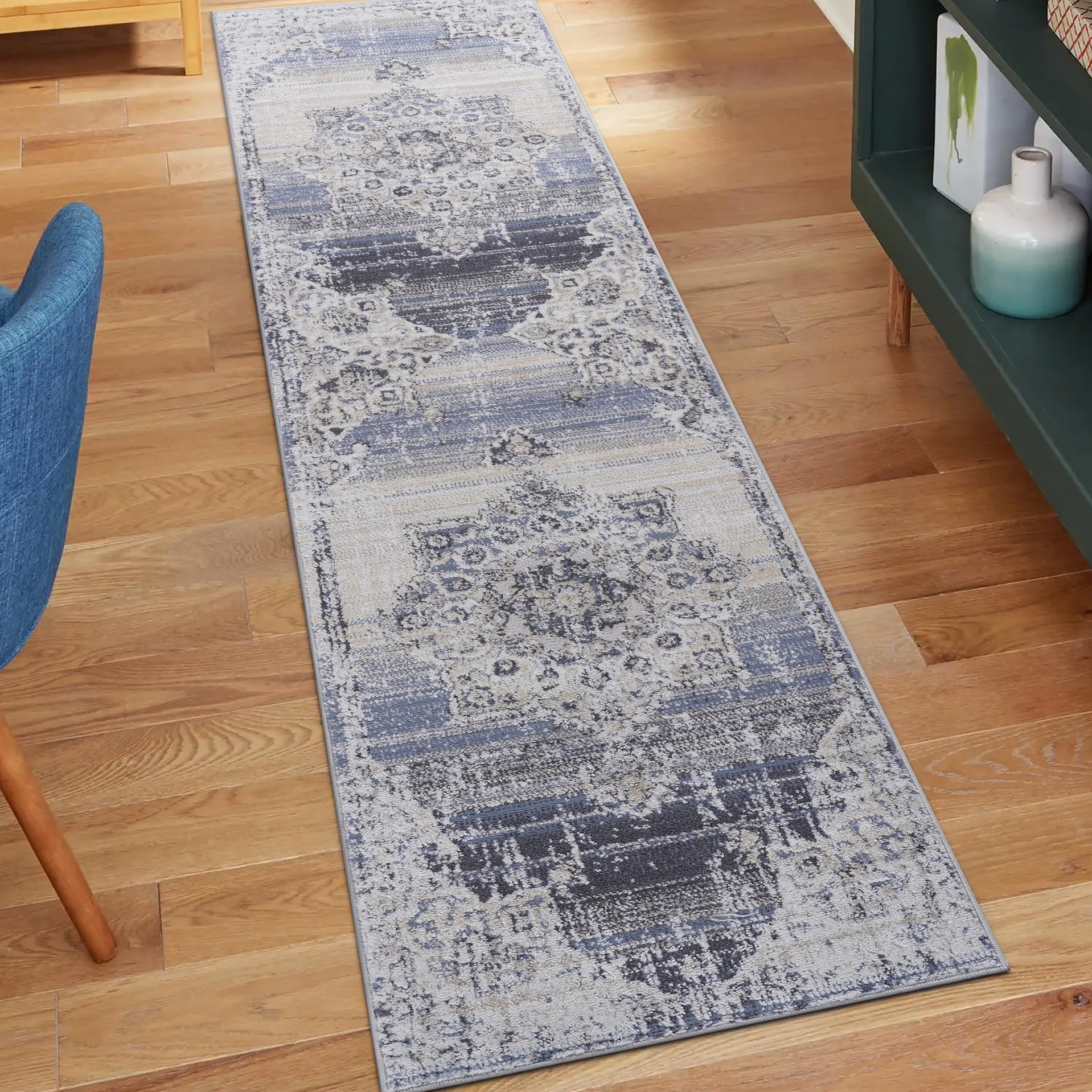 2x8 Loom & Area Rug, Cream/blue Medallion Pattern, Non-shedding And ...