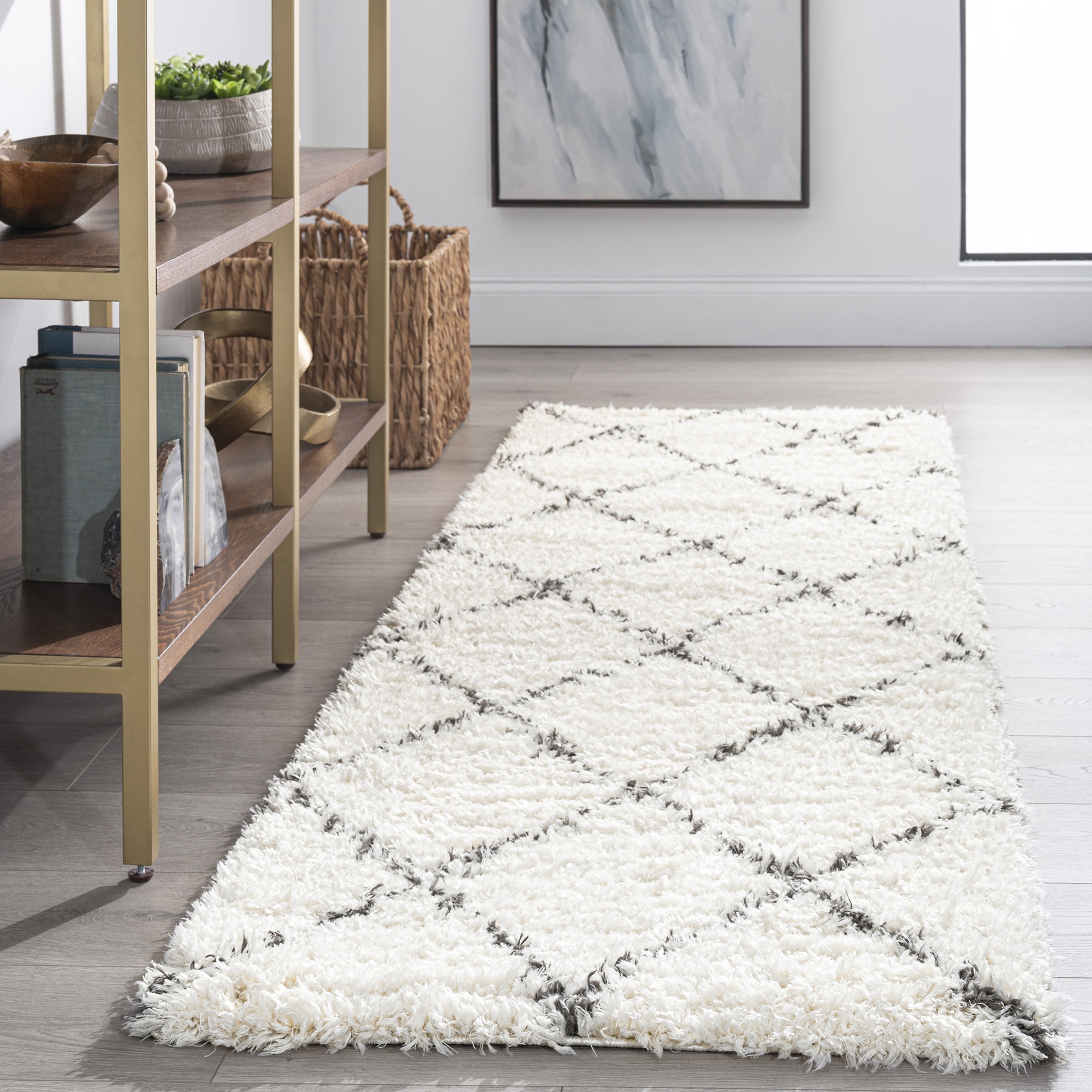 Free Shipping! Bliss Rugs 2x8 Modern White Diamond Shag Runner Rug for ...
