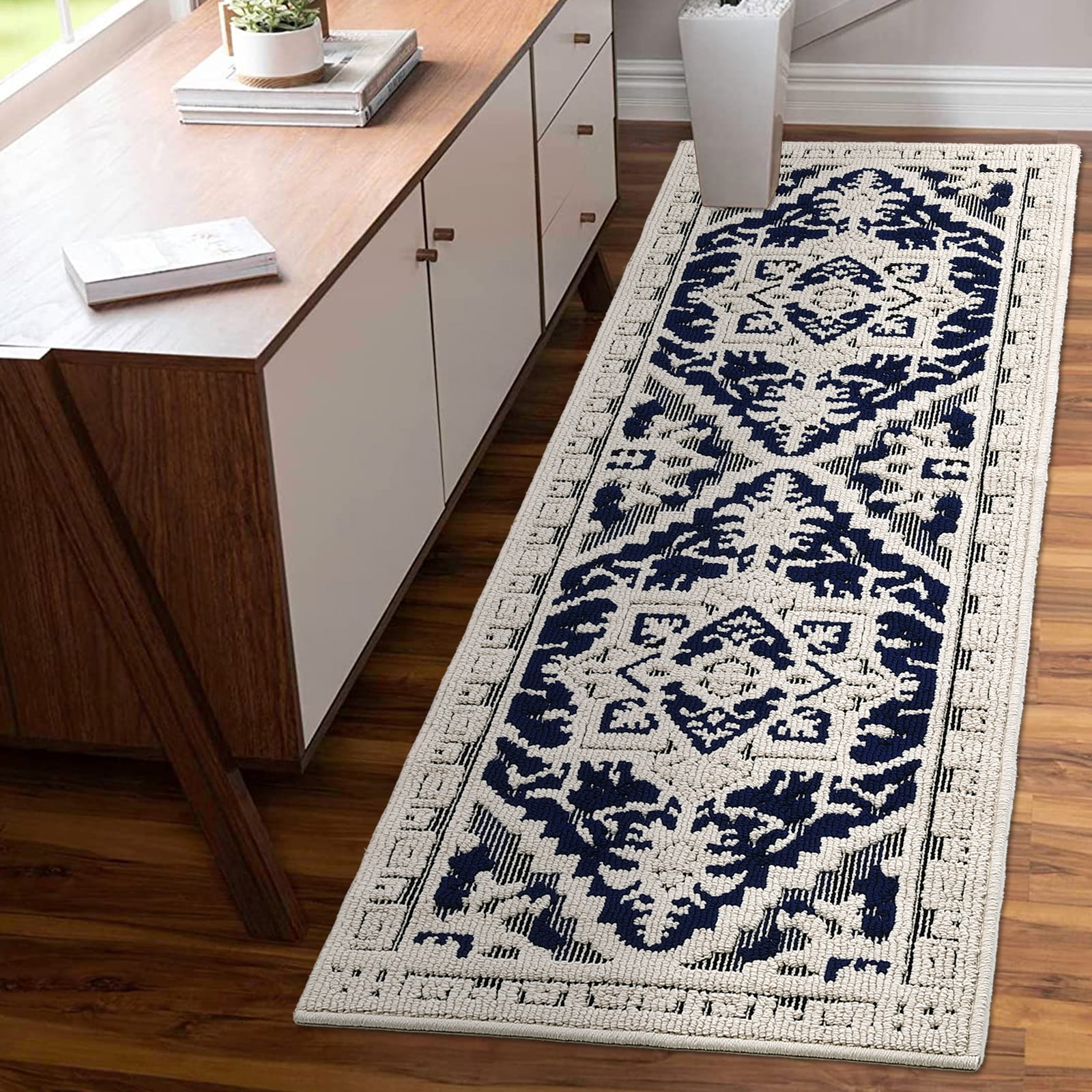 2x8 Runner Rug for Hallway Non Slip Vintage Medallion Textured Carpet ...