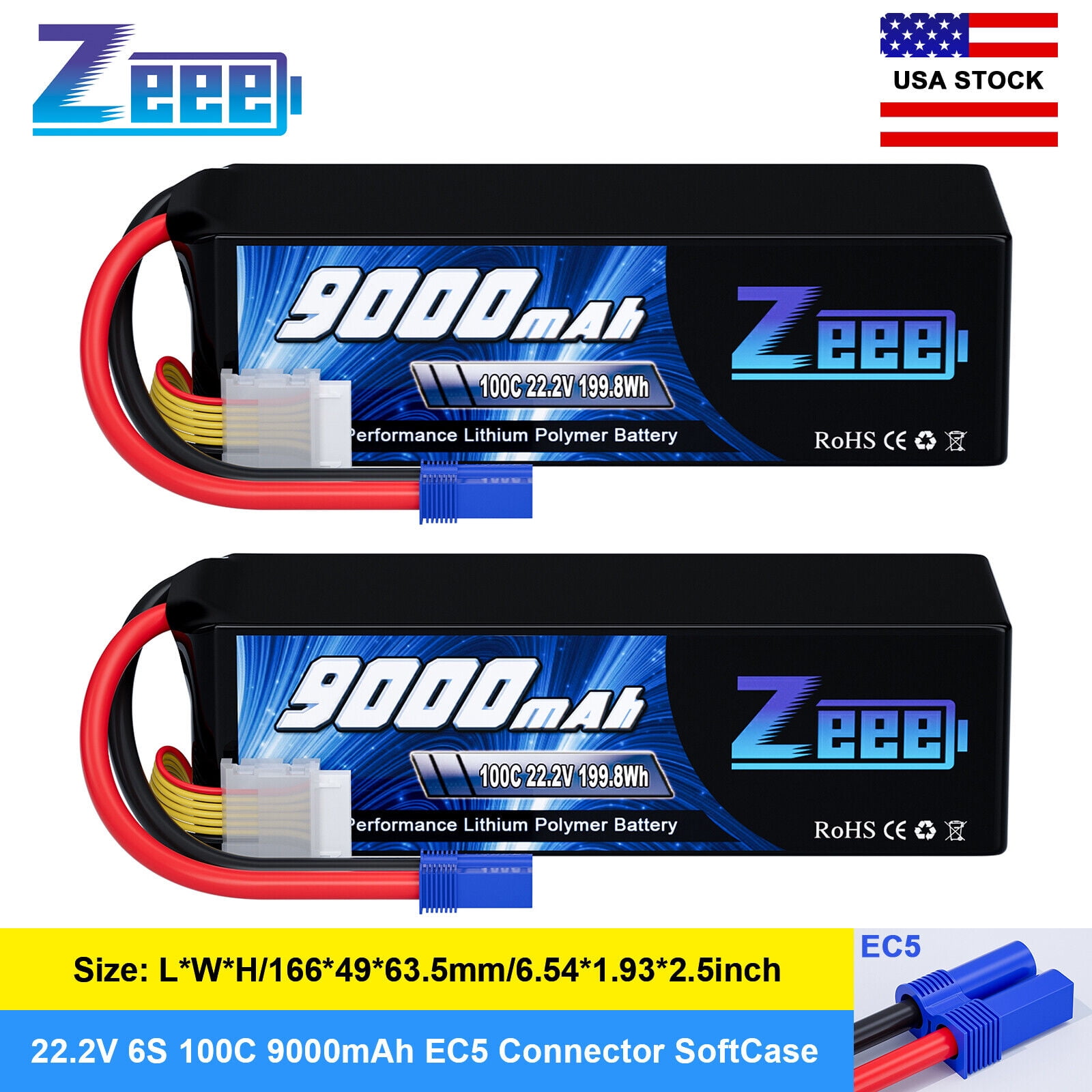 2xZeee 22.2V 100C 9000mAh 6S Lipo Battery EC5 for RC Car Helicopter Desert Racer - Walmart.com