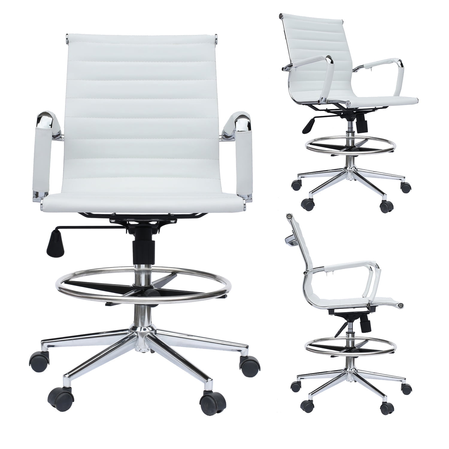 2xhome Office Drafting Chair Ribbed Mid Back With Wheels And Arms For ...