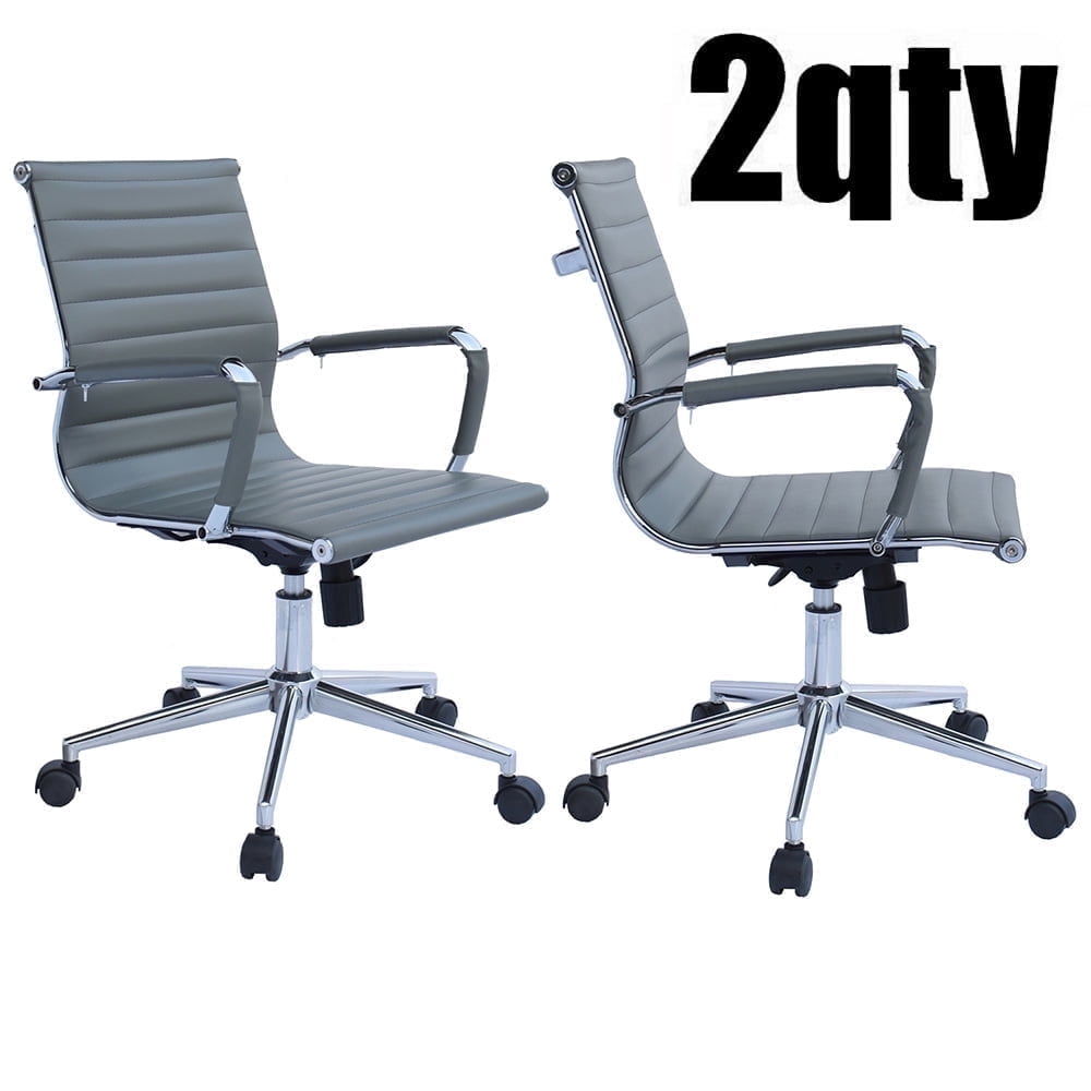 2xhome Set of 2 - Gray Modern Mid Back Ribbed PU Leather Swivel Tilt ...