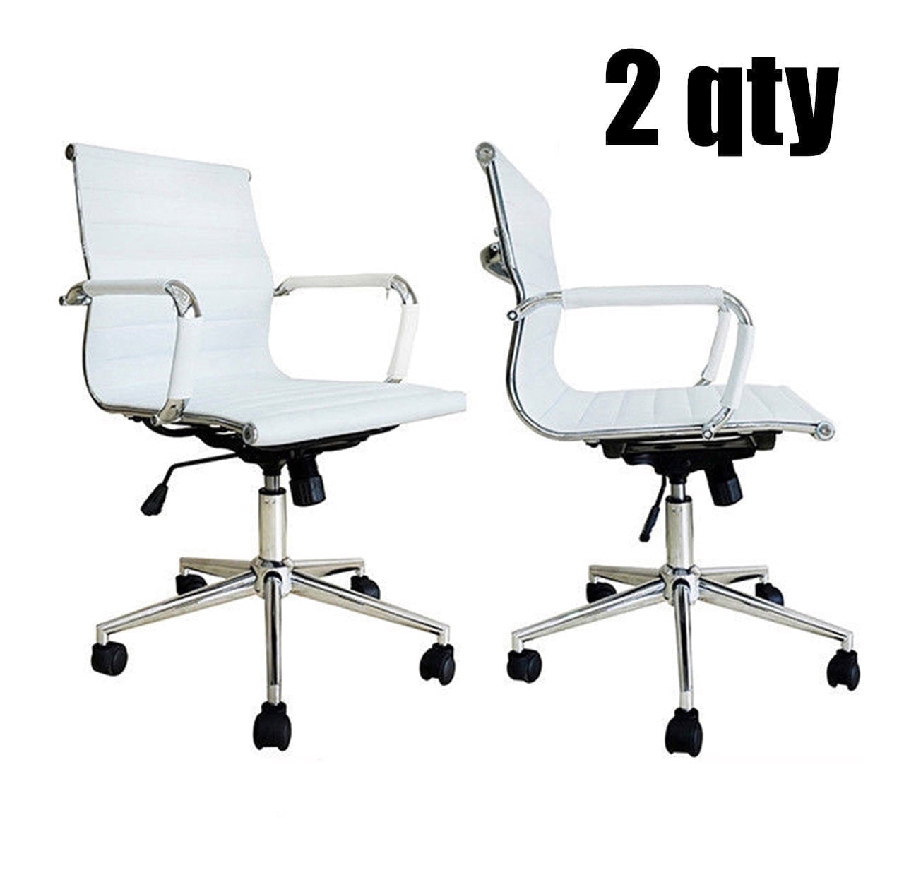 2xhome Set of 2 - White Modern Mid Back Ribbed PU Leather Swivel Tilt ...