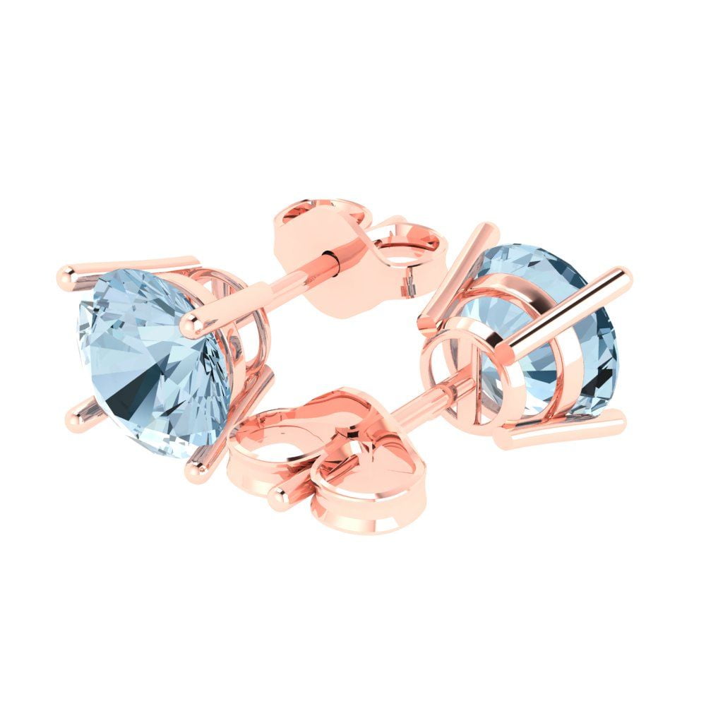 3.0 Ct Round Cut Studs Blue Crystal 18K Rose Solid Gold Everyday Dainty ...