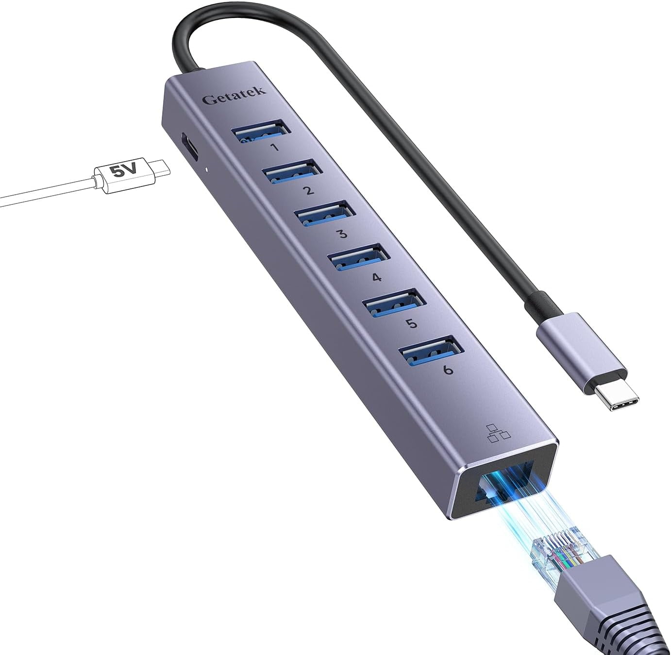 3.0 Hub, 8 Ports USB Ethernet Hub, with 7 USB 3.0 Port, 5V Extra Power ...
