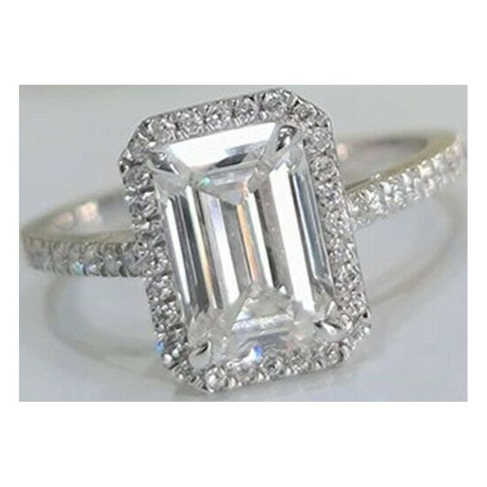 3.00 Carats Emerald Cut Moissanite Wedding Ring /18K White Gold Plated ring/ Halo Engagement ...