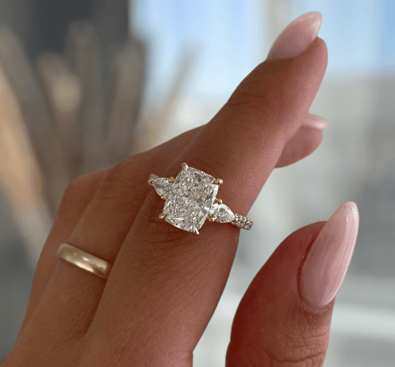 3.00 Ct Elongated Cushion Cut Moissanite Trilogy Engagement Ring ...