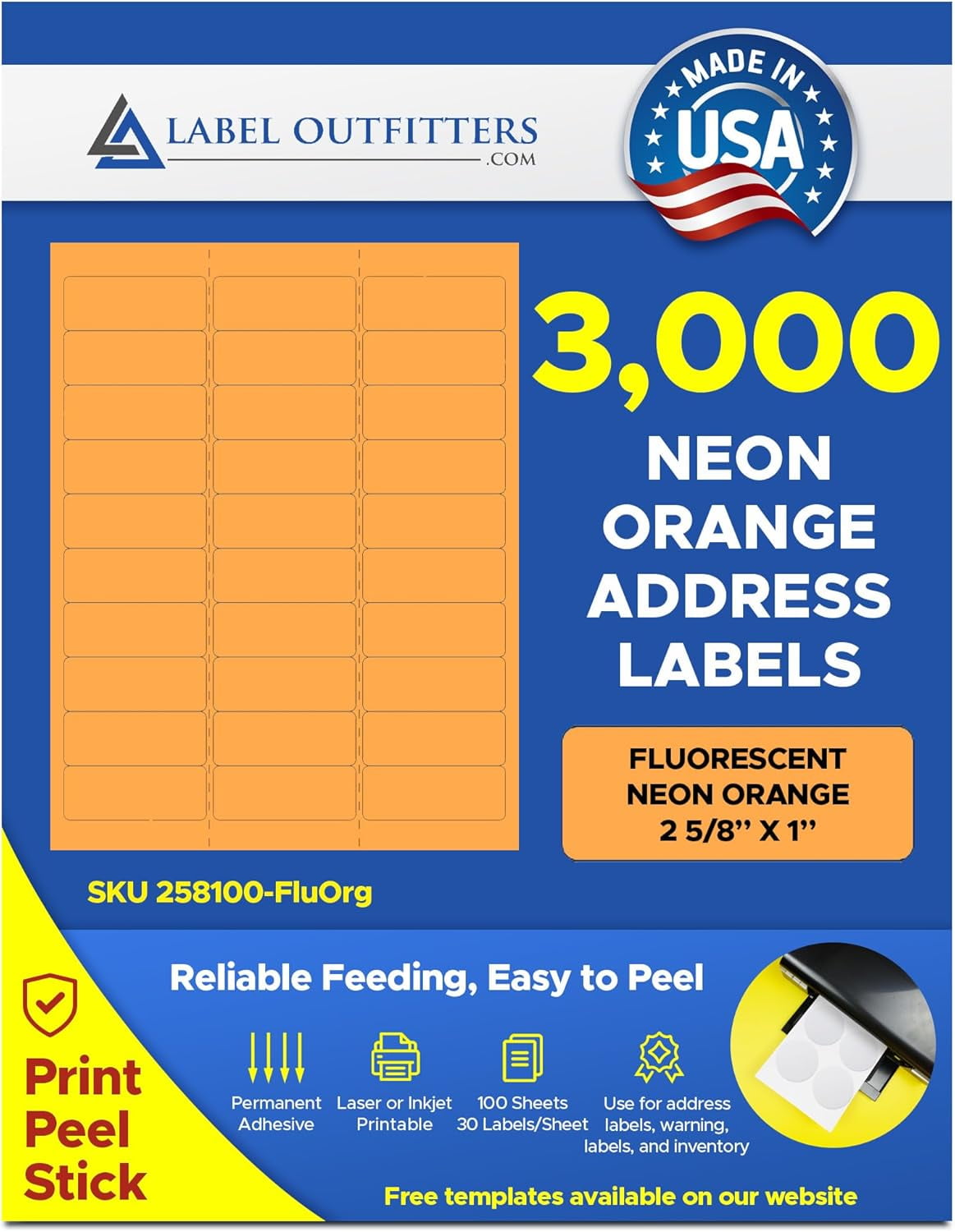 3,000 Label Outfitters 1” x 2 5/8” Fluorescent Neon Orange Address ...