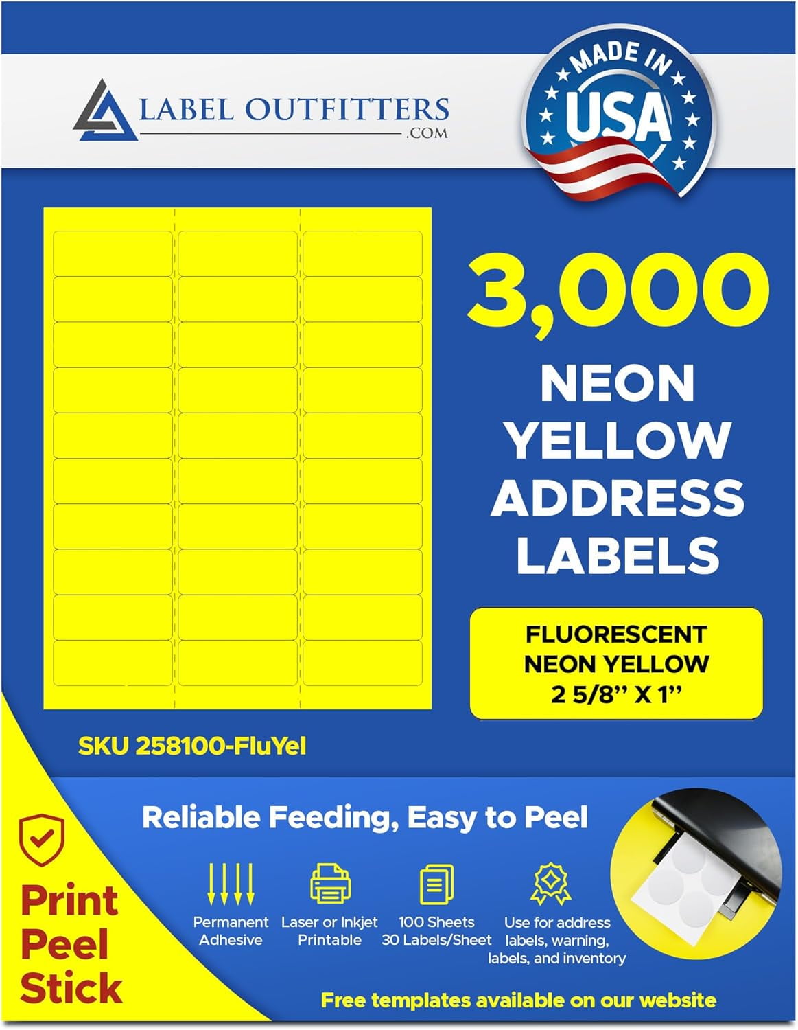 3,000 Label Outfitters 1” x 2 5/8” Printable Fluorescent Neon Yellow ...