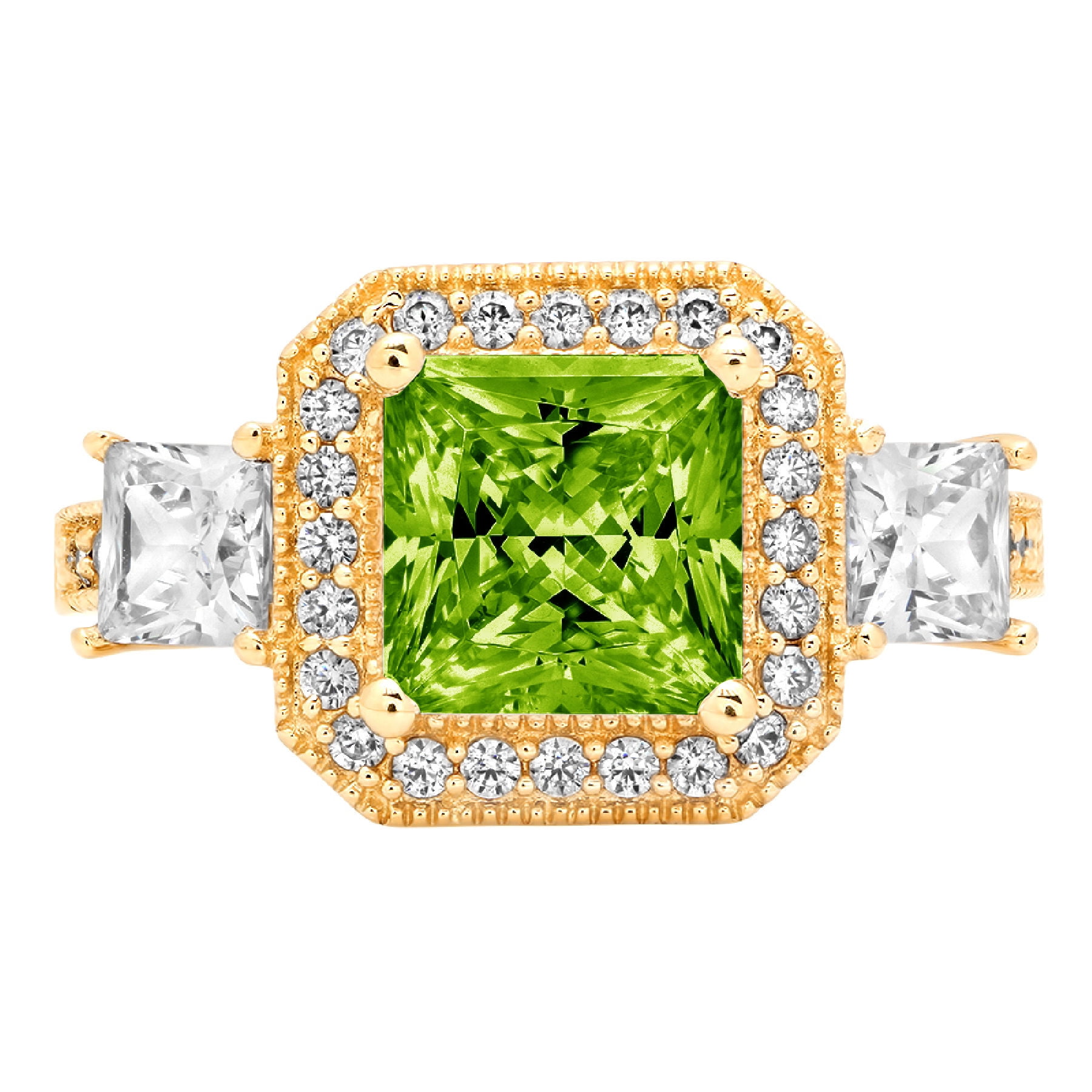 3.005 ct Princess Cut Natural Peridot 3 Stone 18K Yellow Gold Womens ...