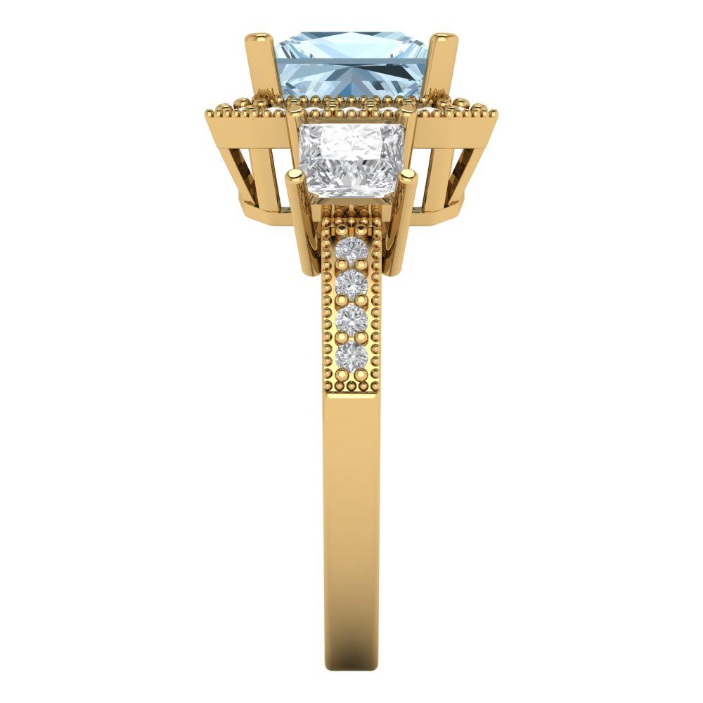 3.005 ct Princess Cut Natural Swiss Blue Topaz 3 Stone 14K Yellow Gold ...