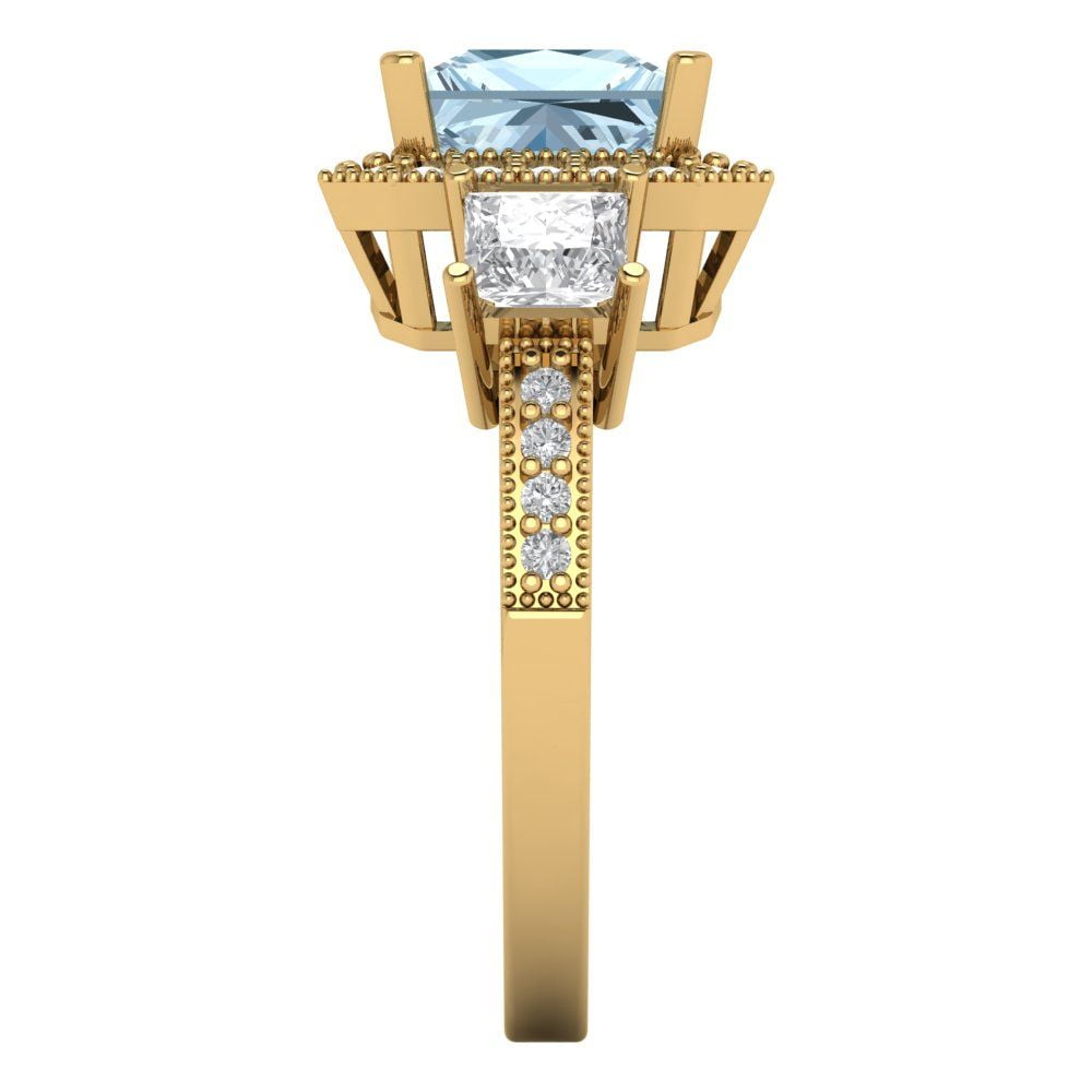 3.005 ct Princess Cut Simulated Blue Diamond 3 Stone 18K Yellow Gold ...