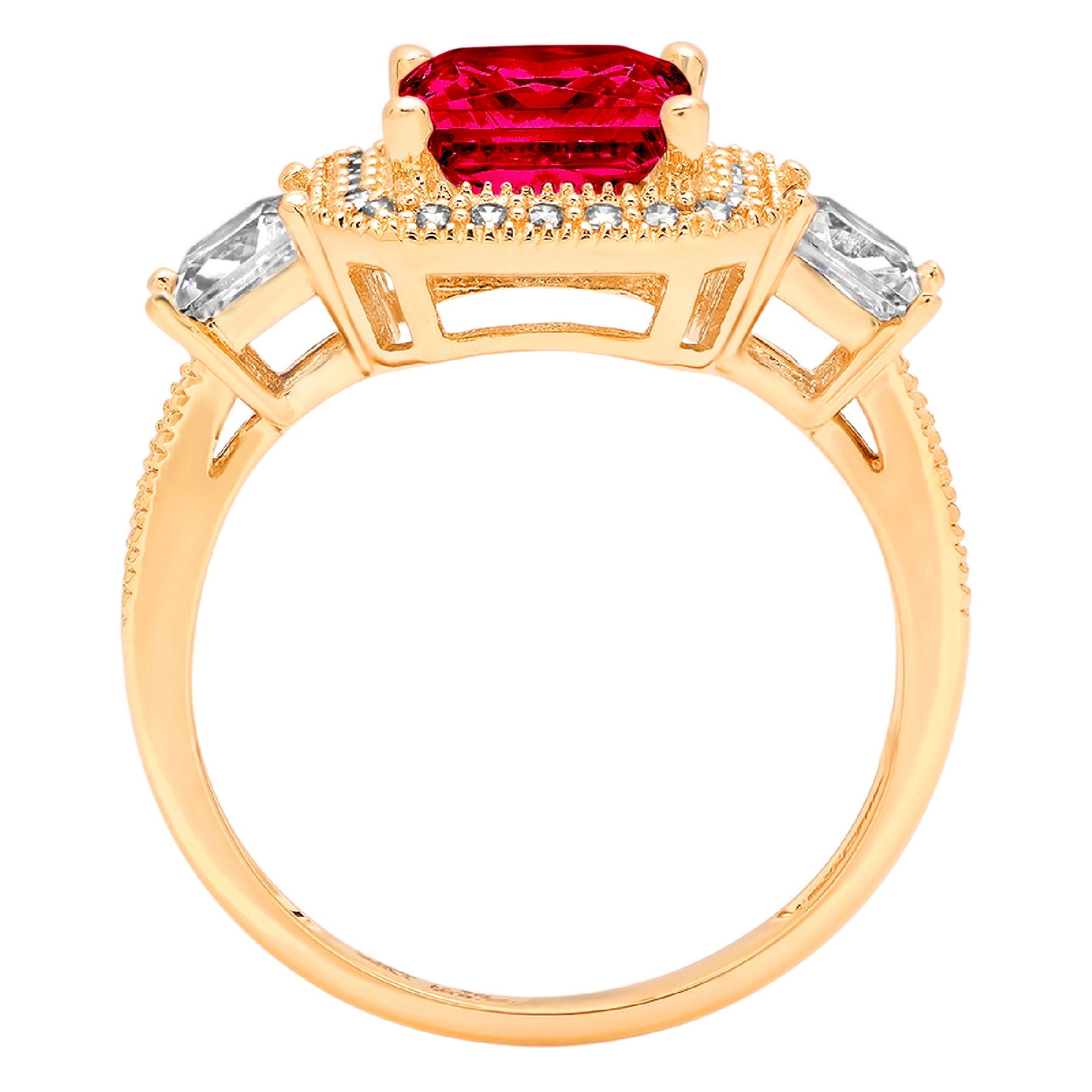 3.005 ct Princess Cut Simulated Ruby Three-Stone Engagement Ring for Women in 18K Yellow Gold ...