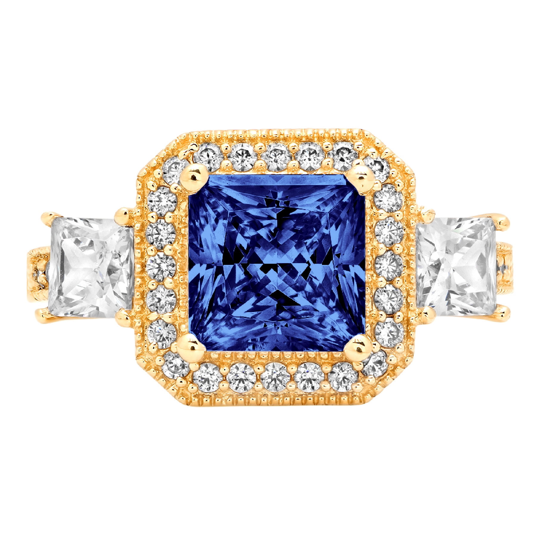 3.005 ct Princess Cut Simulated Tanzanite 3 Stone 18K Yellow Gold ...