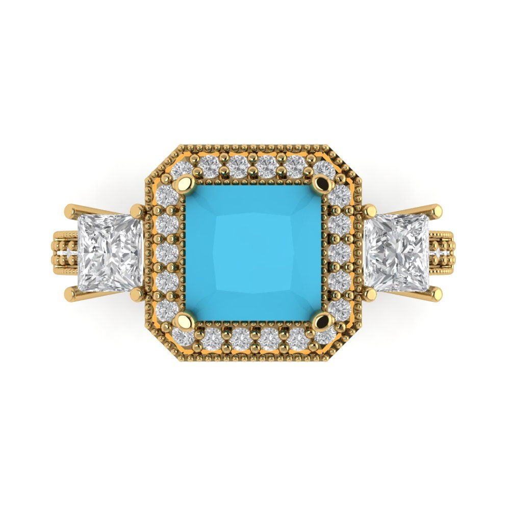 3.005 ct Princess Cut Simulated Turquoise 3 Stone 18K Yellow Gold ...