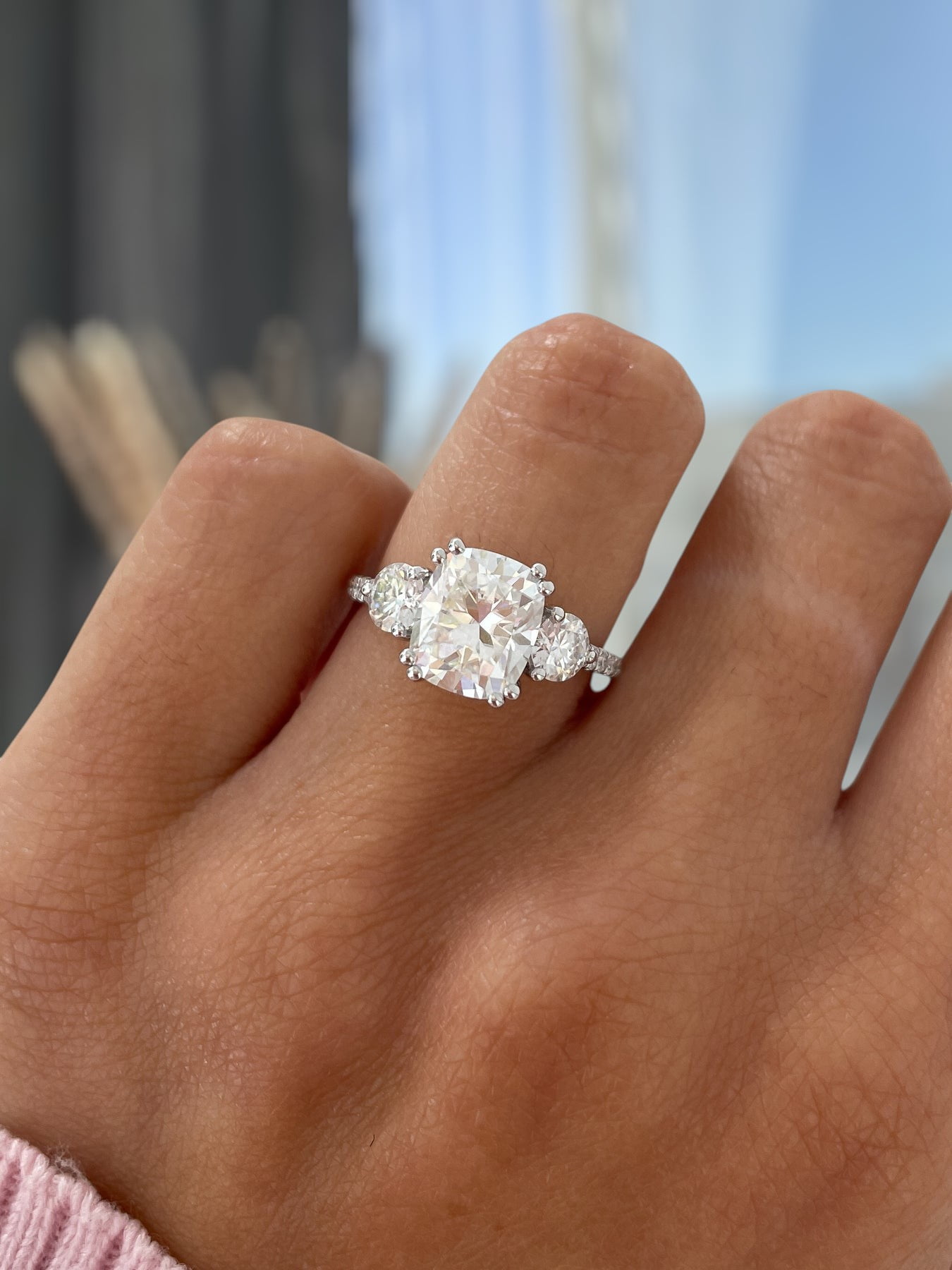 3.00Ct Elongated Cushion Cut Moissanite Trilogy Engagement Ring ...