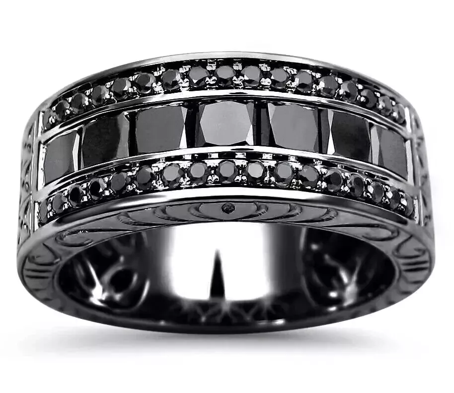 3.00Ct Princess Cut Simulated Black Diamond Half Men's Wedding Band ...