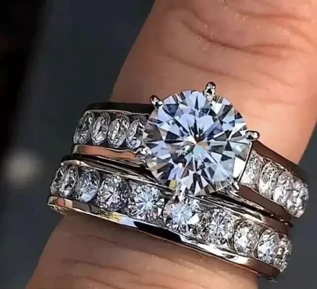 3.00Ct Round Cut Moissanite Engagement Ring Bridal Set 14K White Gold ...