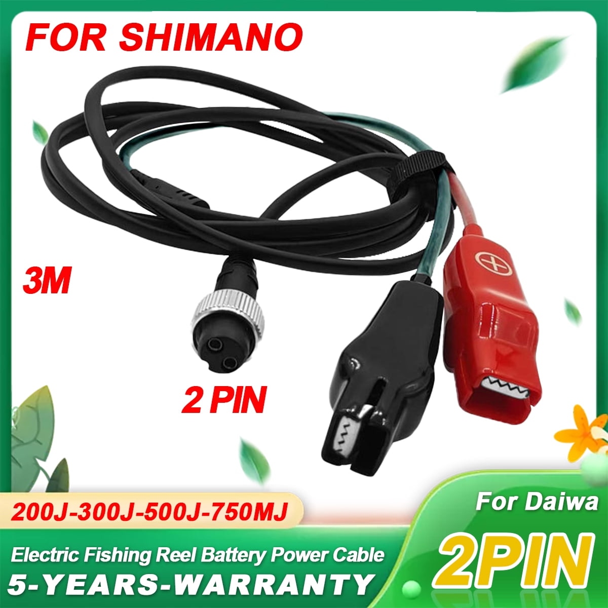3.0M 2-Pin Electric Fishing Reel Power Cord Cable Connectors Kit For ...