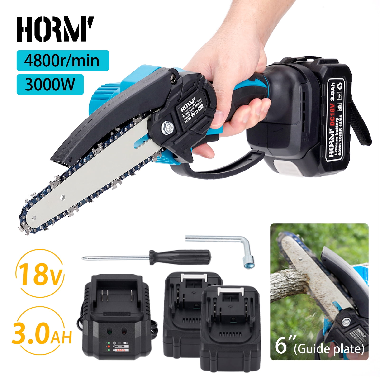 Hormy Mini Chainsaw Cordless 6 Inch with 2 Battery, Mini Power Chain ...