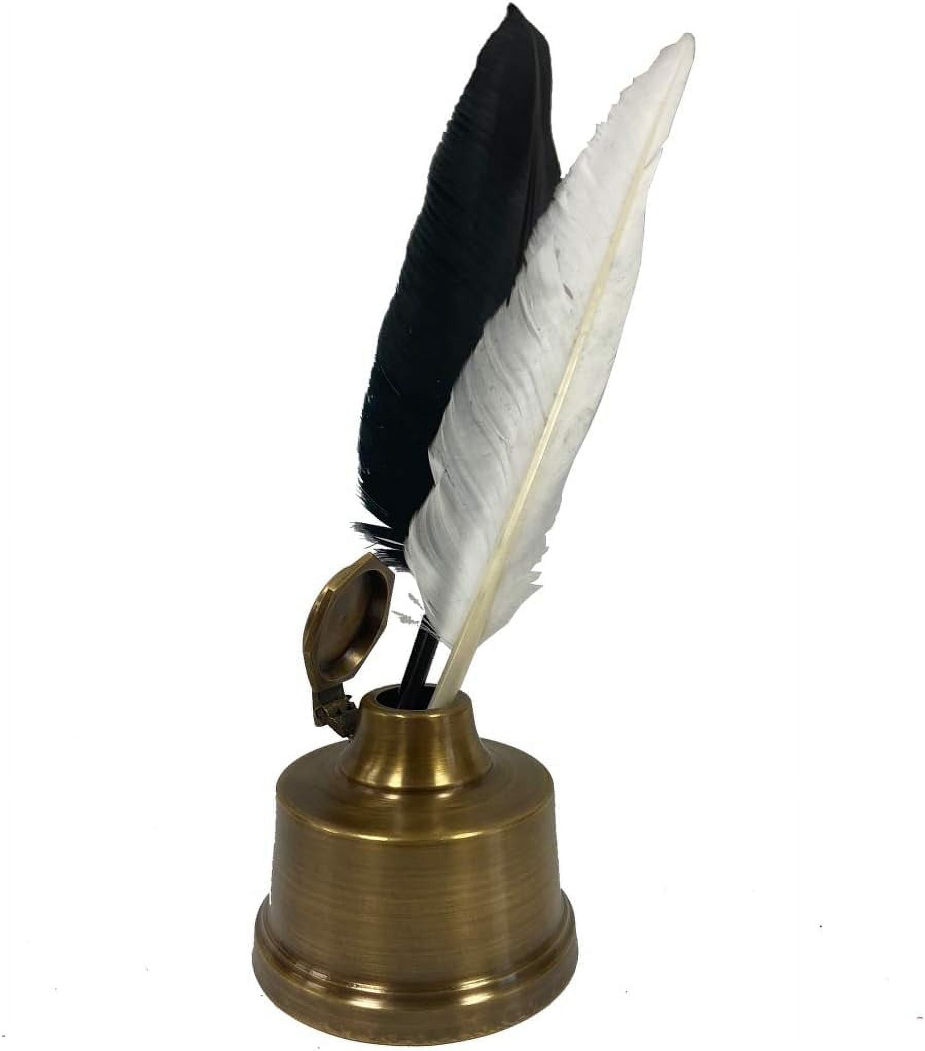 3-1/4" Historical Antiqued Brass Inkwell with Quill Nib Pens and Ink ...