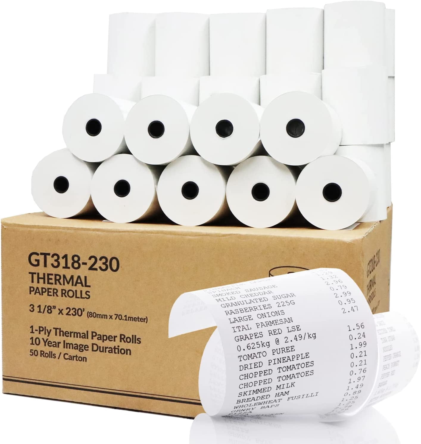 3-1/8" x 230' Thermal Paper Receipt Rolls, 48gsm BPA Free, 50 Rolls ...