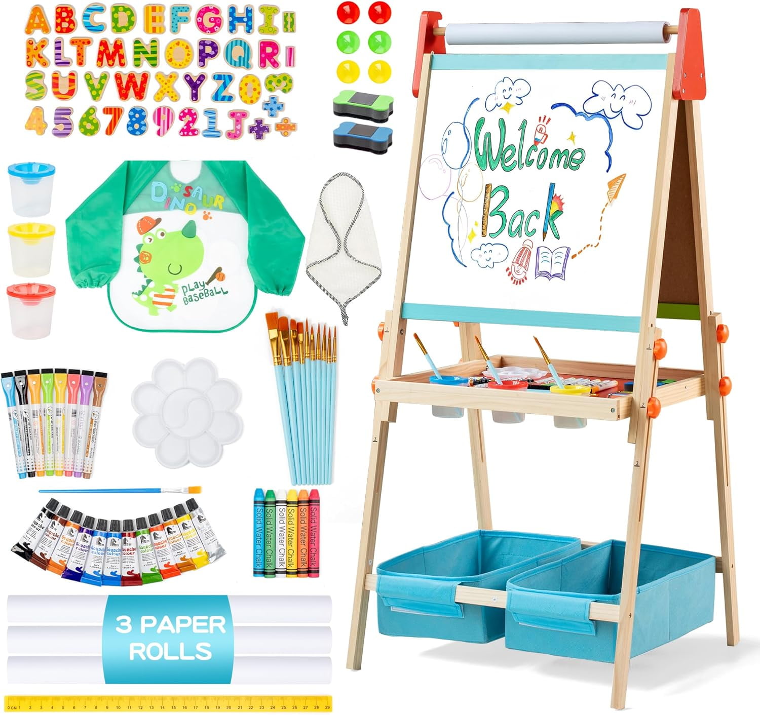 3 in 1 Adjustable Kids Art Drawing Easel Set-Sided Magnetic Whiteboard ...
