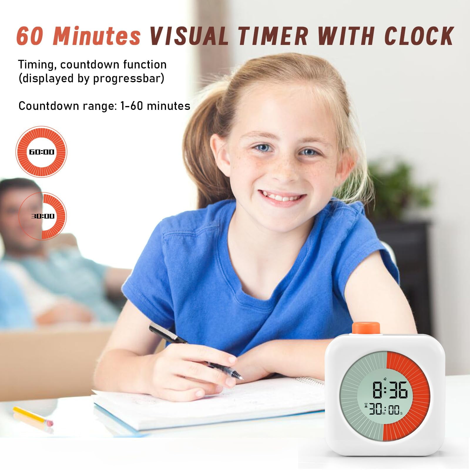 3 in 1 Alarm Clock Kitchen Timer, 60-Minute Countdown Visual Timer for Kids and Adults, Time ...