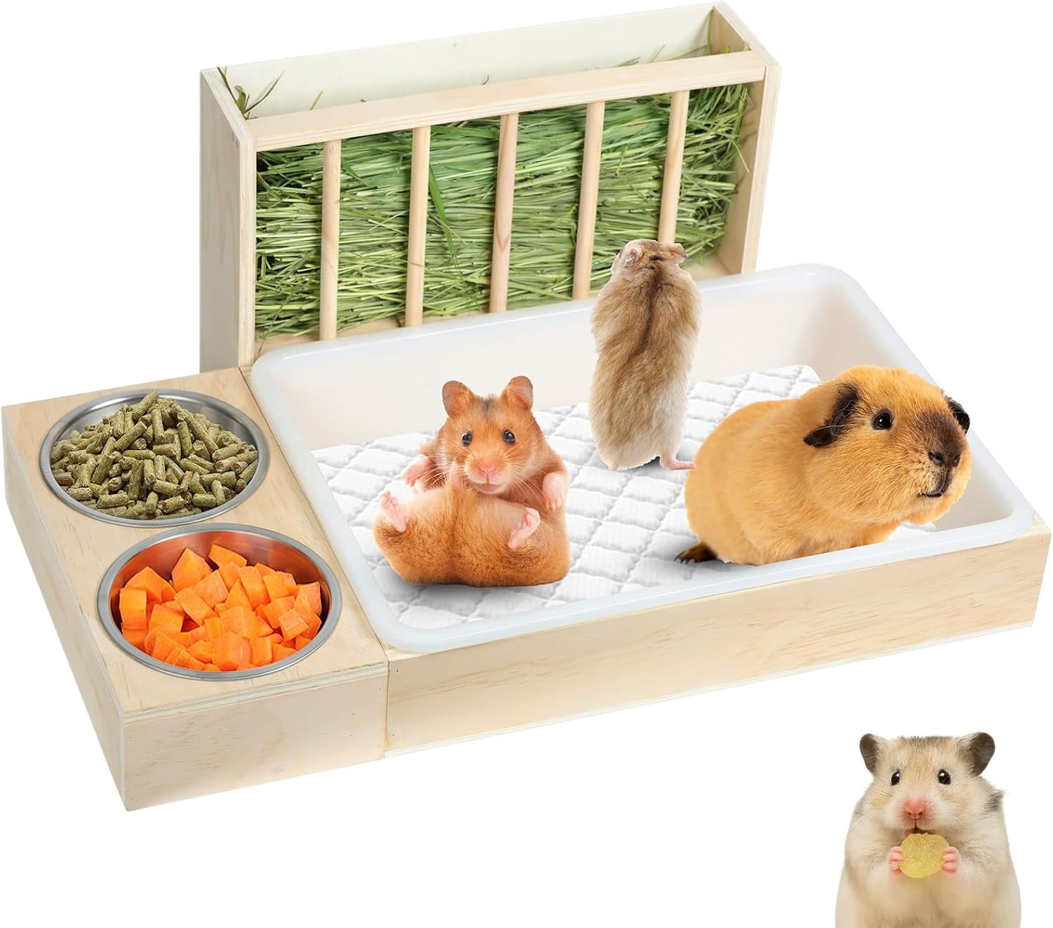 3 in 1 Bunny Litter Box with Hay Feeder and 2 Bowls - Wooden Rabbit Hay ...