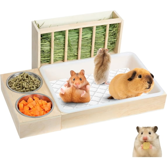 3 in 1 Bunny Litter Box with Hay Feeder and 2 Bowls - Wooden Rabbit Hay ...