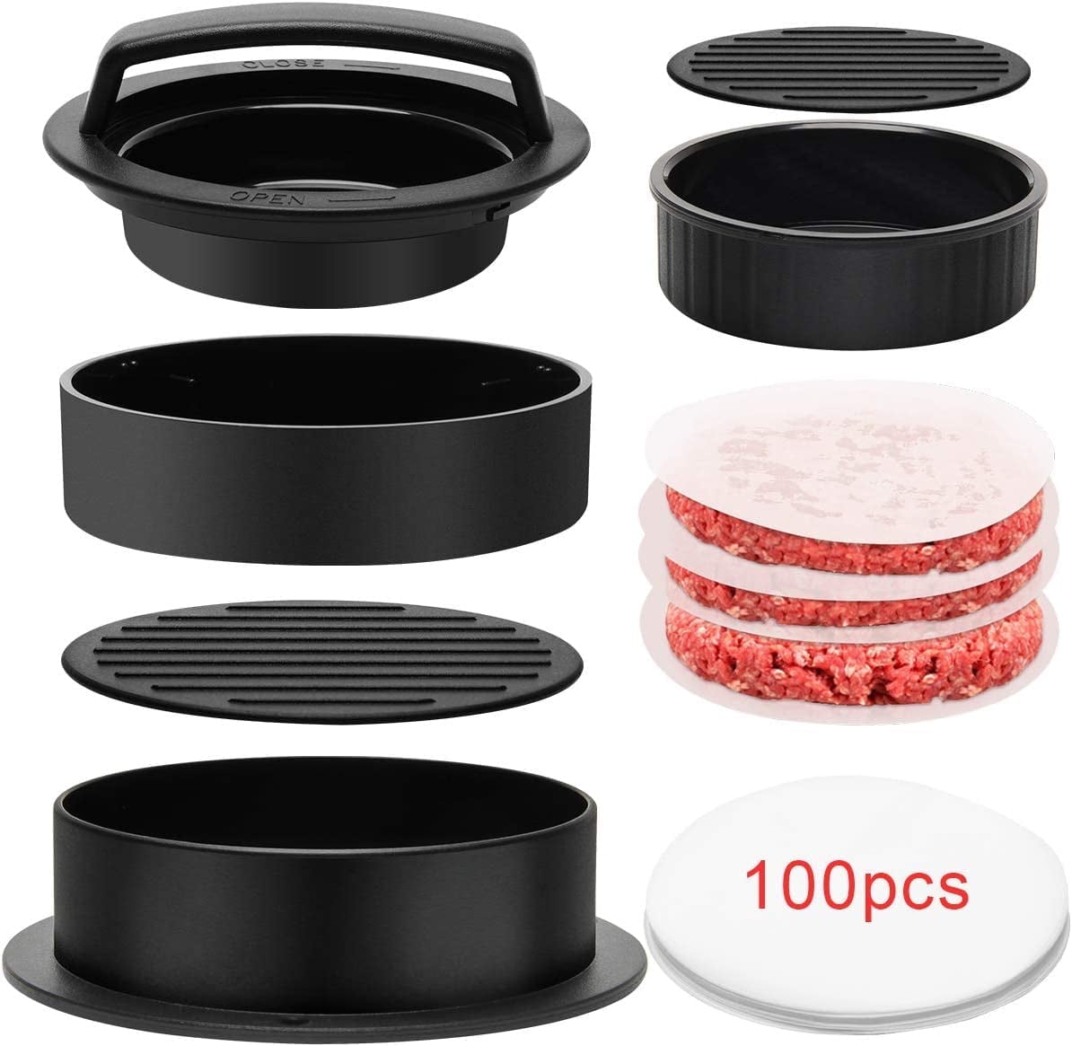 Plutput 3 in 1 Burger Press Patty Maker, Hamburger Shaper with 100 ...