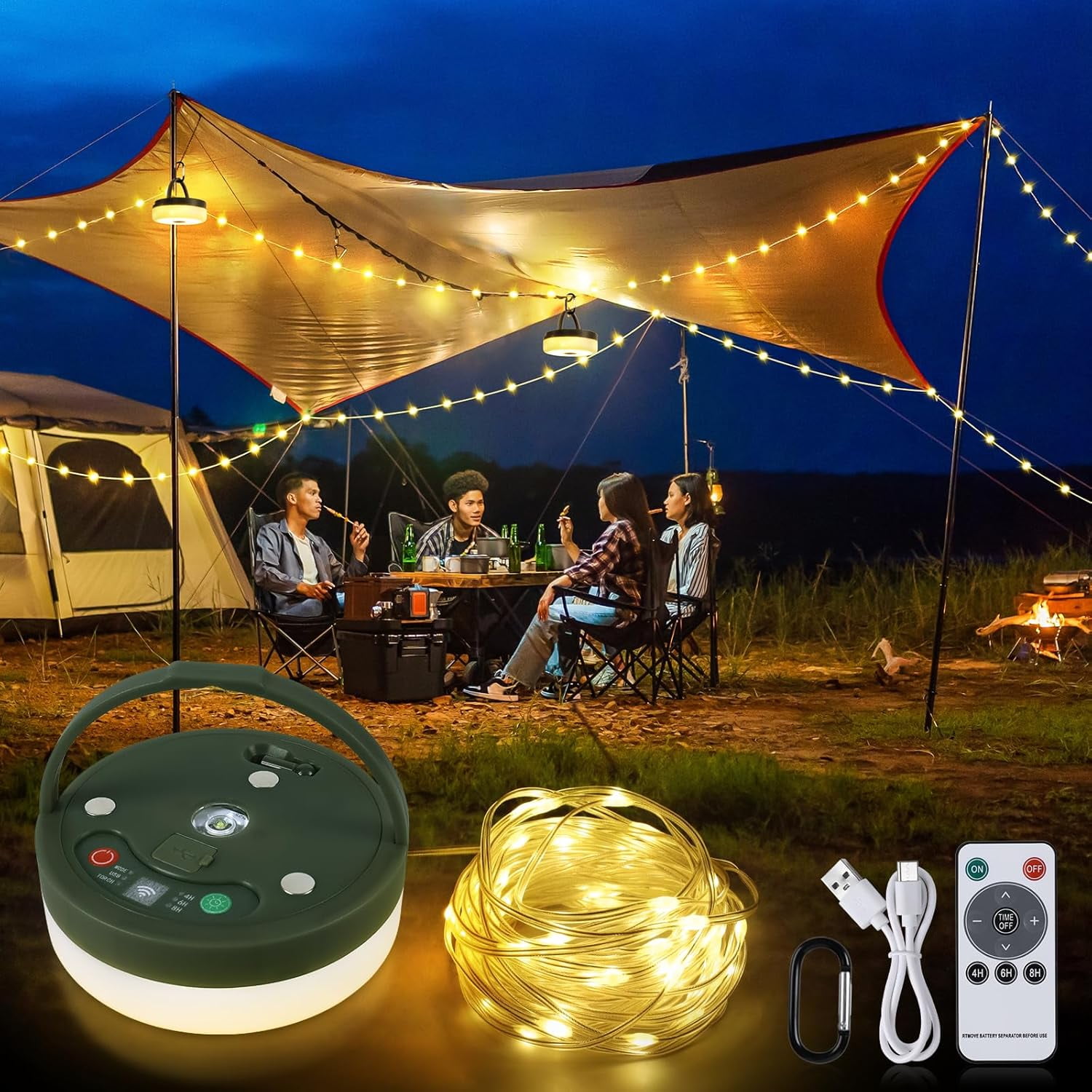 3 in 1 Camping String Light Rechargeable(32.8Ft), Warm White Portable ...