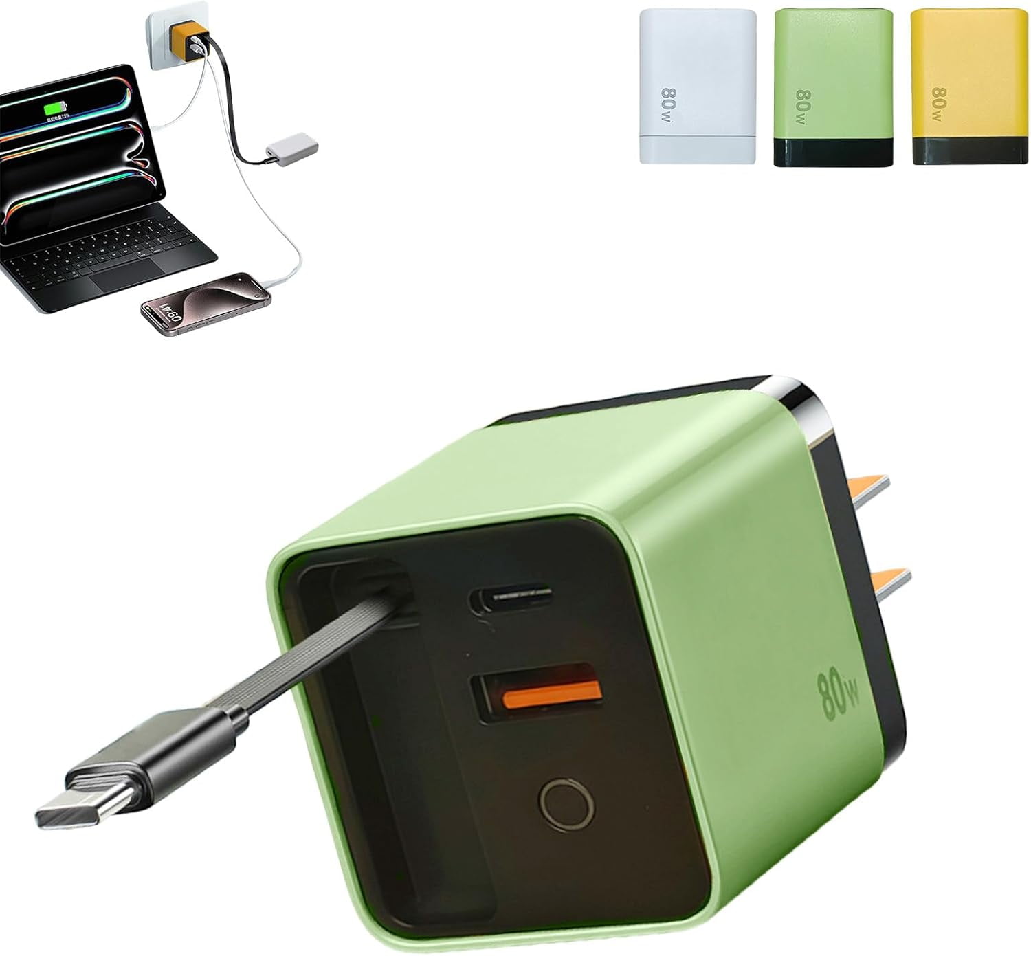 3 in 1 Charger Retractable 80W Max Fast Charger Wall Plug with Built-in ...